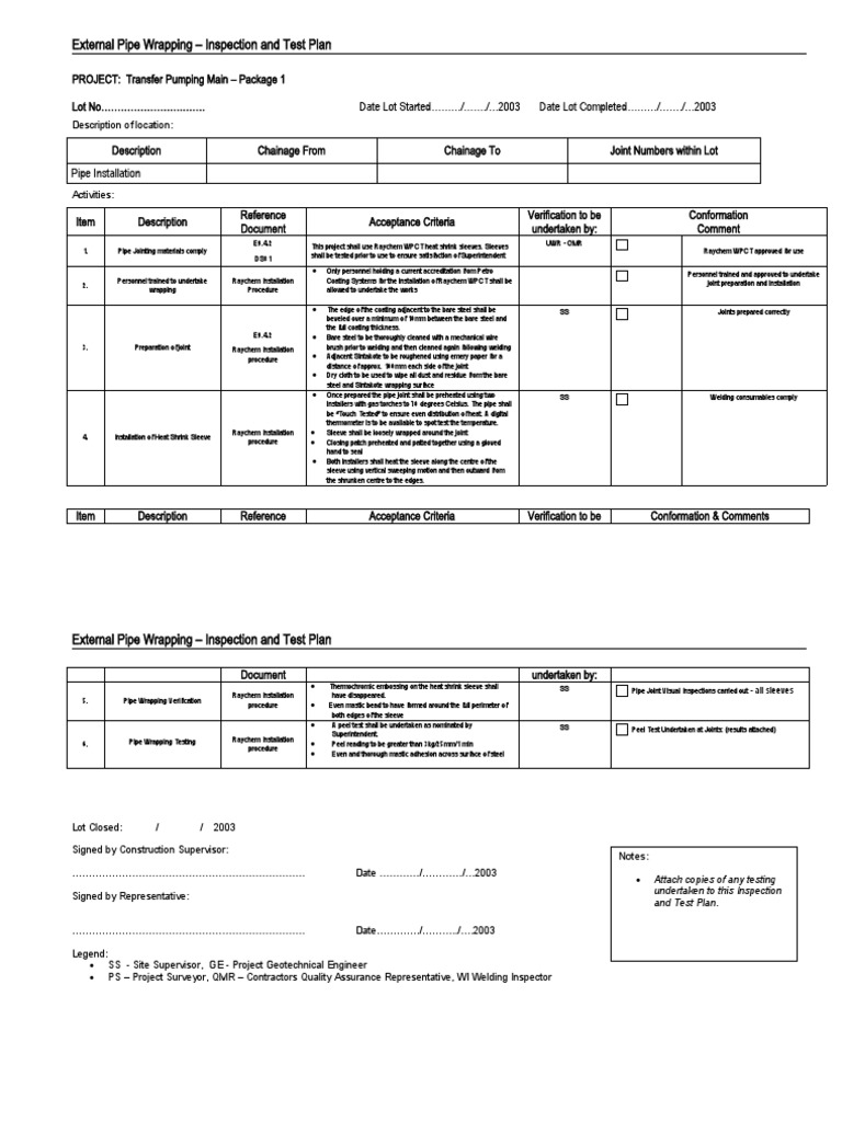 External Pipe Wrapping - Inspection and Test Plan: Description of ...