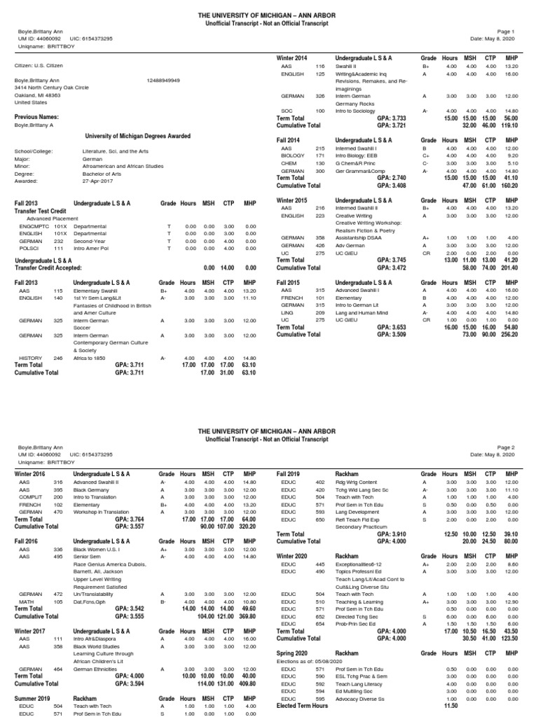 Full Unofficial Transcript | PDF | Academia | Educational Assessment ...