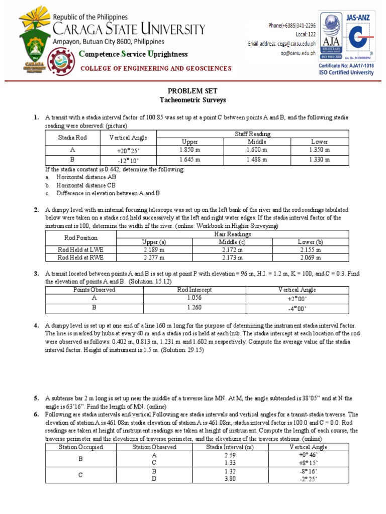 Problem Set - Tacheometric Surveys | Download Free PDF | Scientific ...