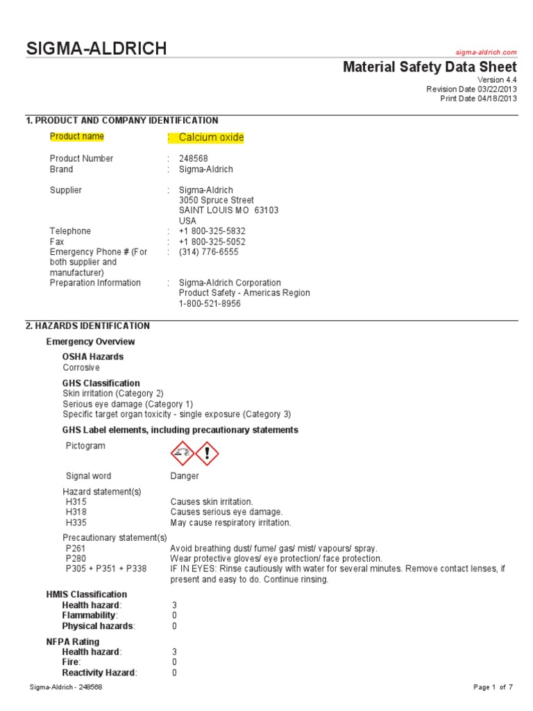 MSDS Calcium Oxide Lime | PDF | Toxicity | Working Conditions