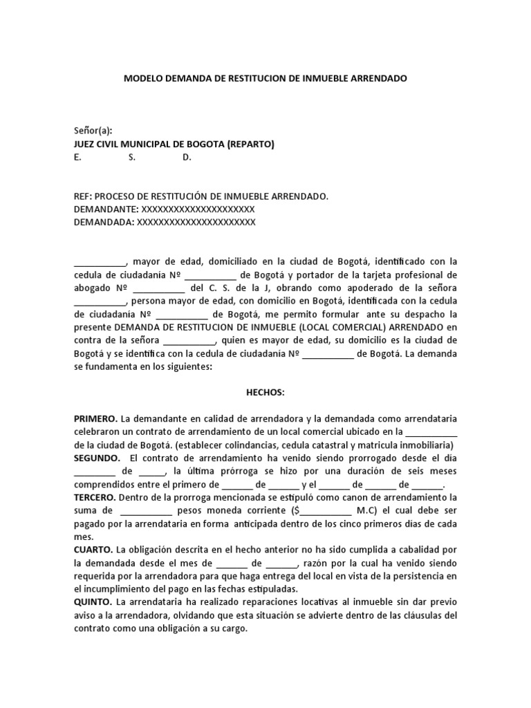 Modelo Demanda de Restitucion de Inmueble Arrendado | PDF | Alquiler ... Modelo Demanda de Restitucion de Inmueble Arrendado | PDF | Alquiler ...