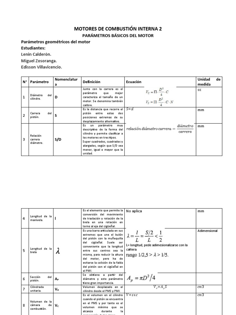 Deber Matrices de Los Parametros Basicos Del Motor | PDF | Pistón | Combustión