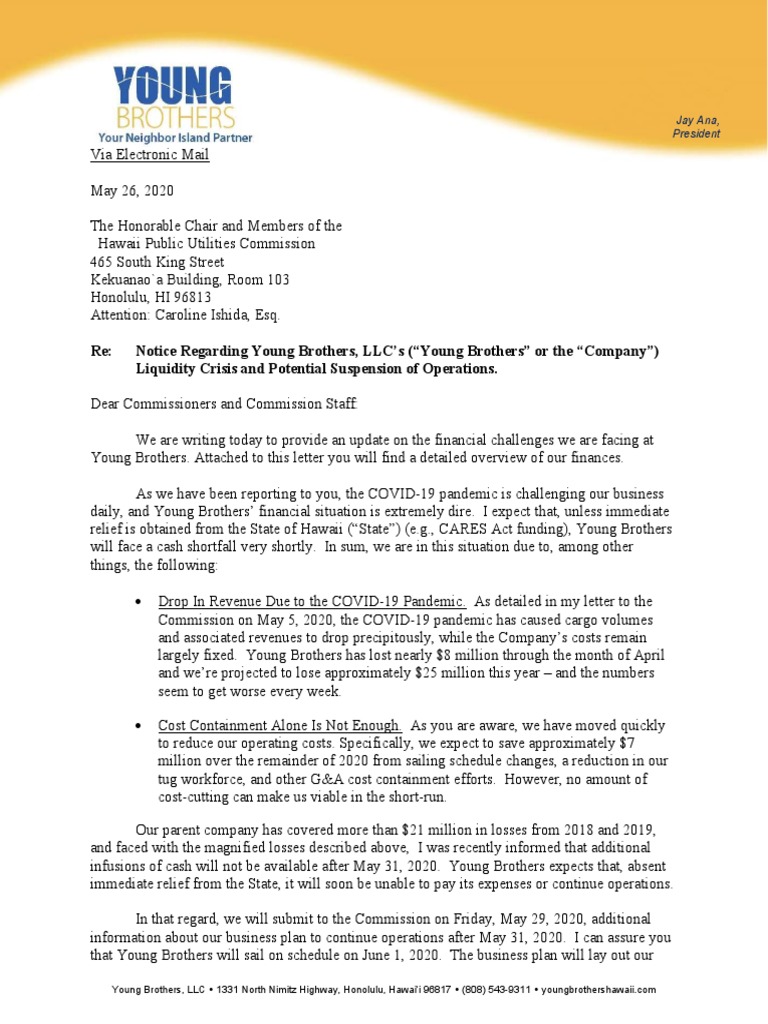 Young Bros. To PUC Letter | PDF | Economies | Business