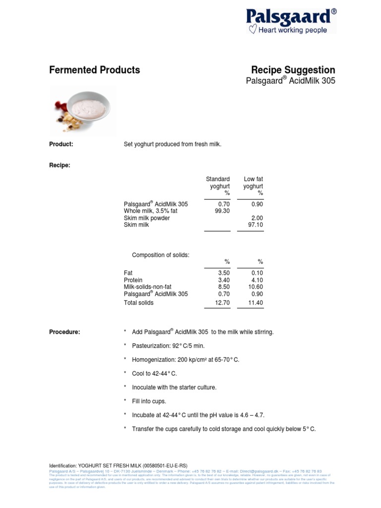 Set Yoghurt Produced From Recombined Milk With Palsgaard Acidmilk 305 ...