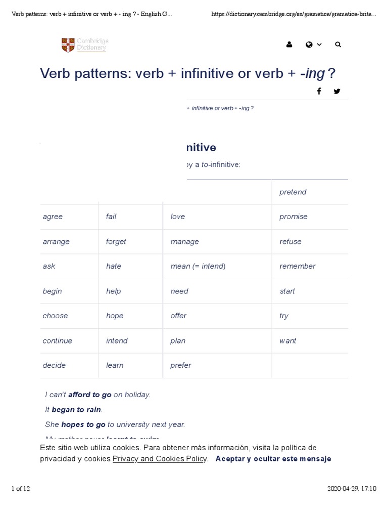 Verb Patterns: Verb + Infinitive or Verb + - Ing ? - English Grammar ...