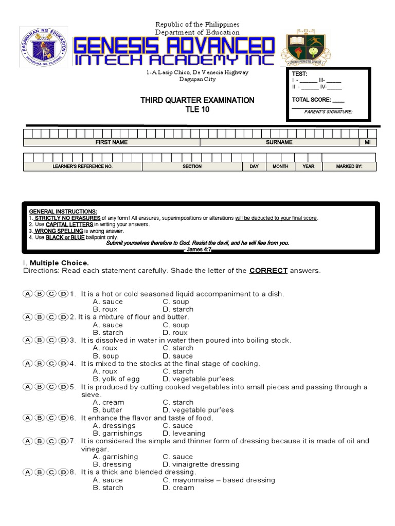 Third Quarter Examination TLE 10: Department of Education | PDF | Hors ...