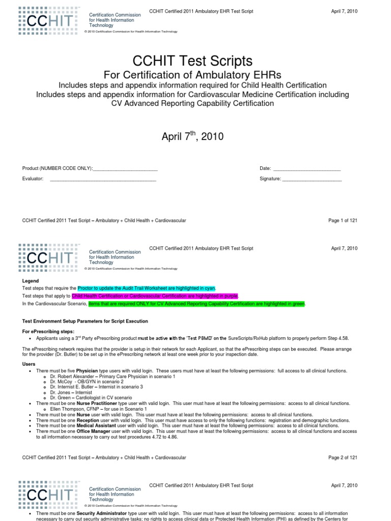 CCHIT Certified 2011 Ambulatory EHR Test Script 20100326 | PDF ...