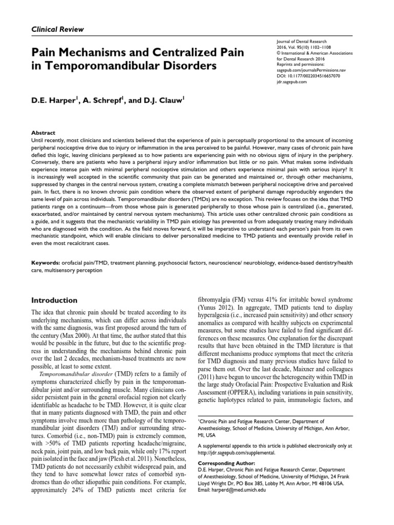 Pain Mechanisms and Centralized Pain in Temporomandibular Disorders ...