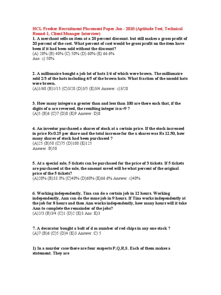 Hcl Placement Questions Pdf Software Engineering Computer Architecture