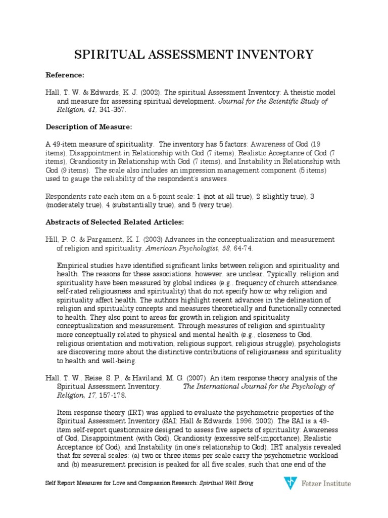 Spiritual Assessment Inventory: Reference | PDF | Spirituality ...