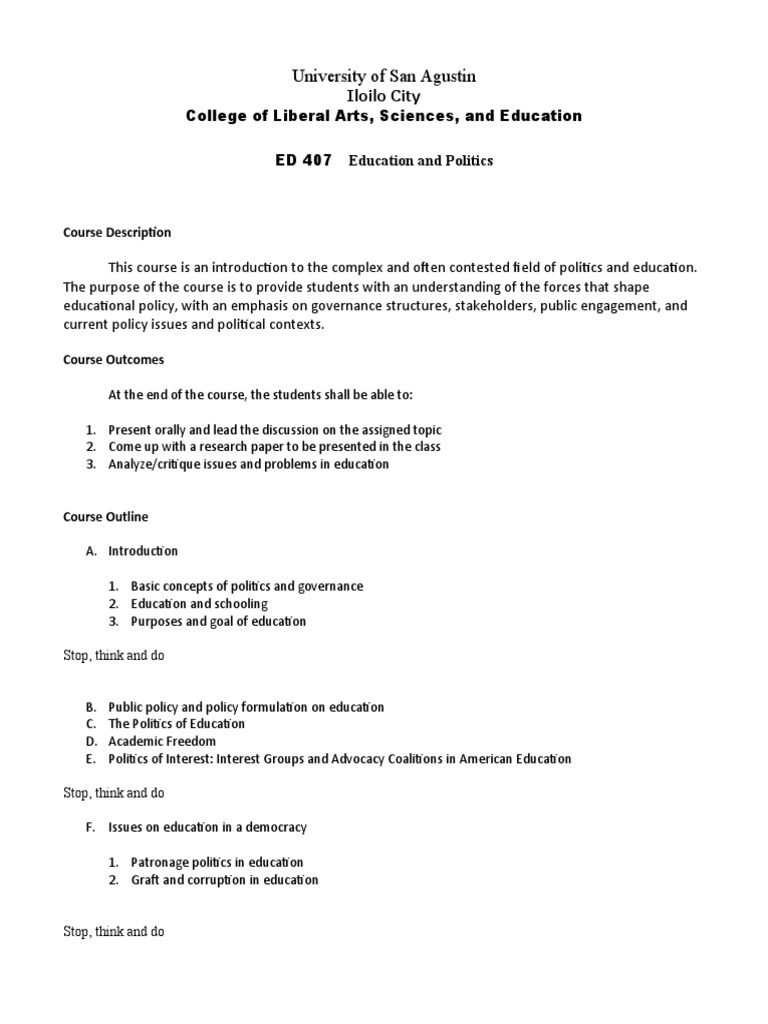 Ed 407 Course Outline | PDF | Governance | Public Sphere