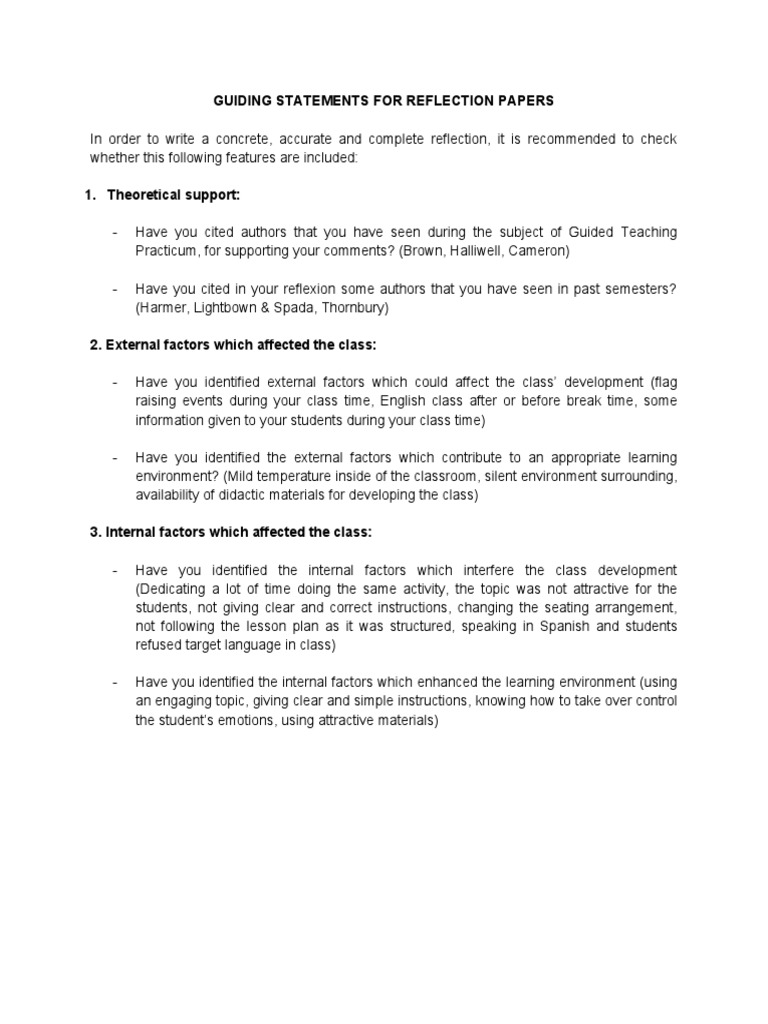 Guiding Statements For Reflection Papers | PDF