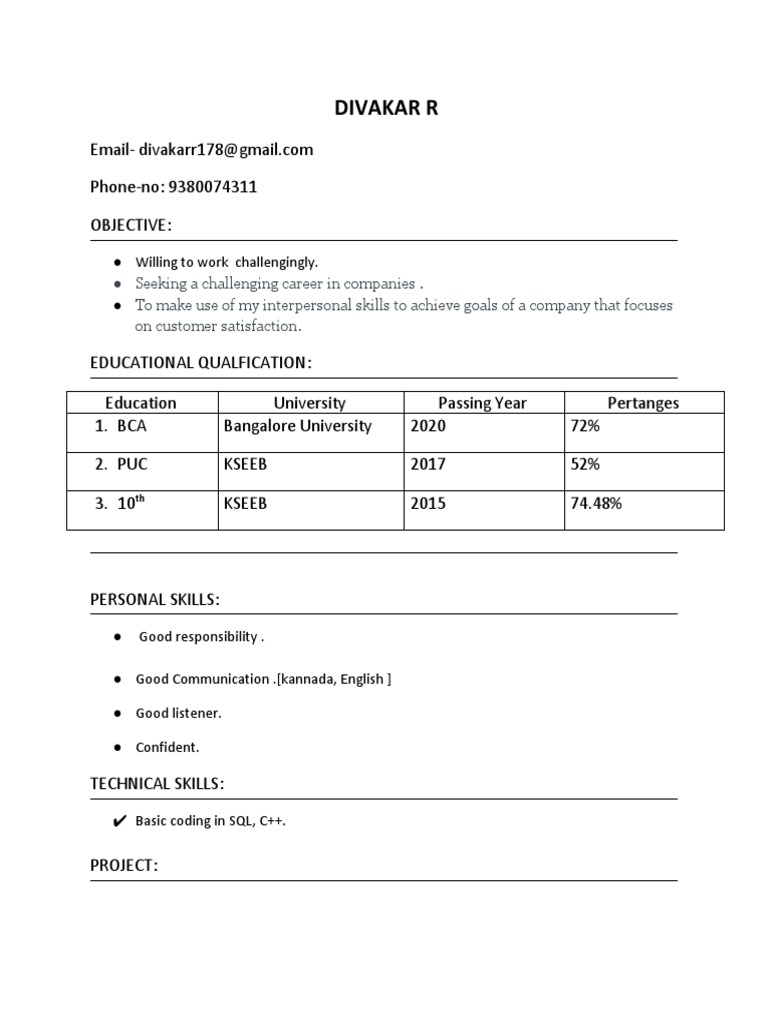 Divakar R: Willing To Work Challengingly. | PDF