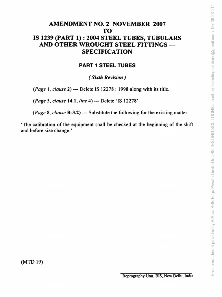 Amendment No.2 November 2007 TO Is 1239 (Part 1) : 2004 Steel Tubes ...