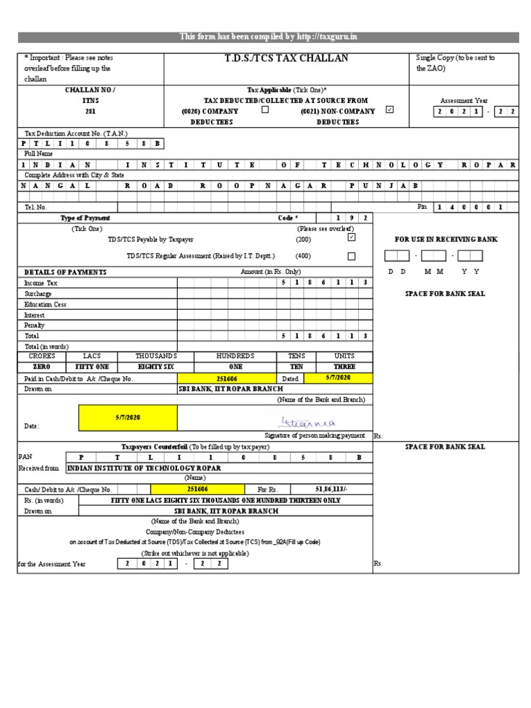Guidelines for Completing the TDS/TCS Tax Challan Form | PDF | Income ...
