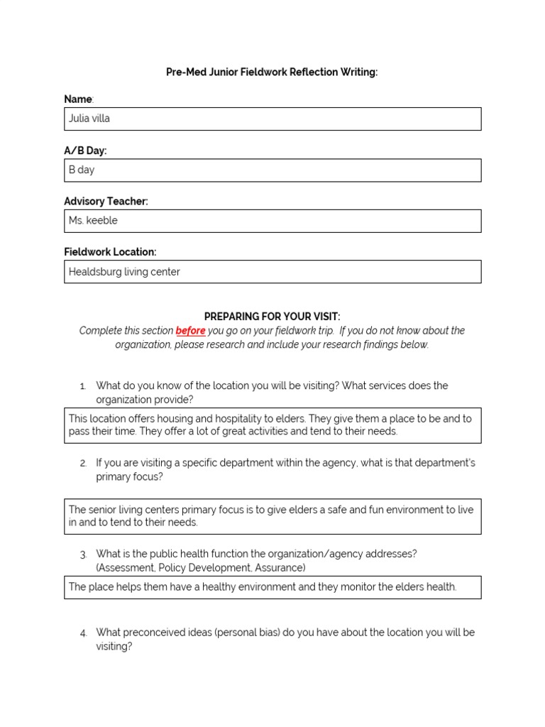 2019-2020 Junior Fieldwork Reflective Journal Template | PDF | Field ...