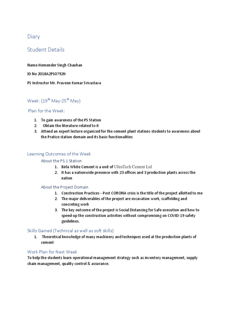 Ultratech Cement Weekly Diary | PDF