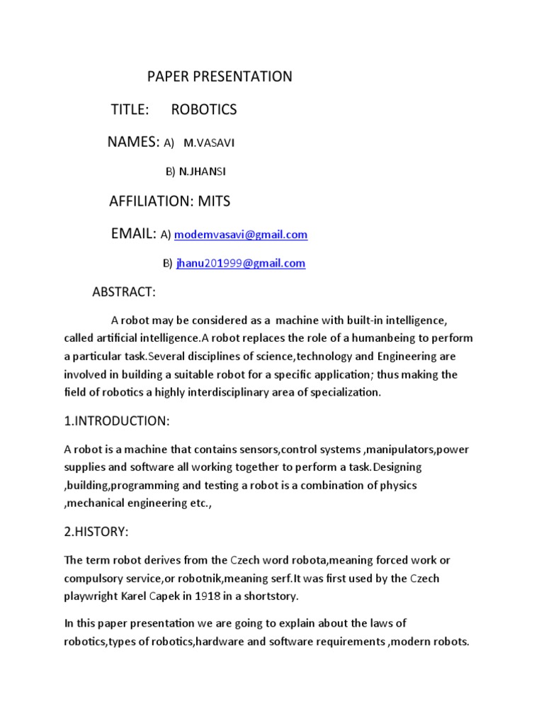 Paper Presentation Title: Robotics Names:: Abstract | PDF | Technology ...
