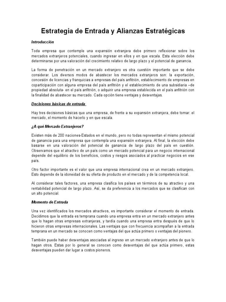 Estrategia de Entrada y Alianzas Estratégicas | PDF | Mercado (economía ...