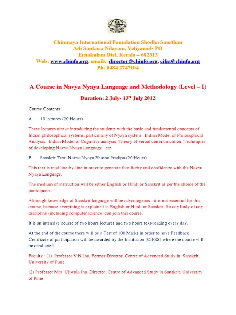 Navya Nyaya Course at Chinmaya Foundation | PDF | Sanskrit | Cognitive ...