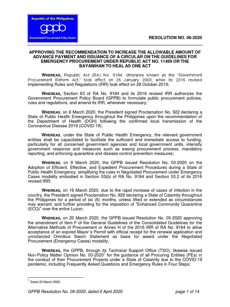 GPPB Resolution No. 06-2020 | Download Free PDF | Procurement | Government