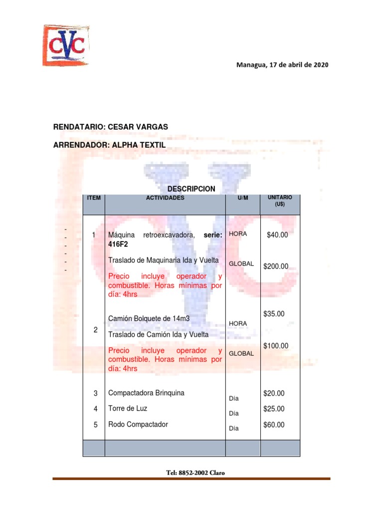 Proforma Retroexcavadora y Equipos Alpha Textil | PDF