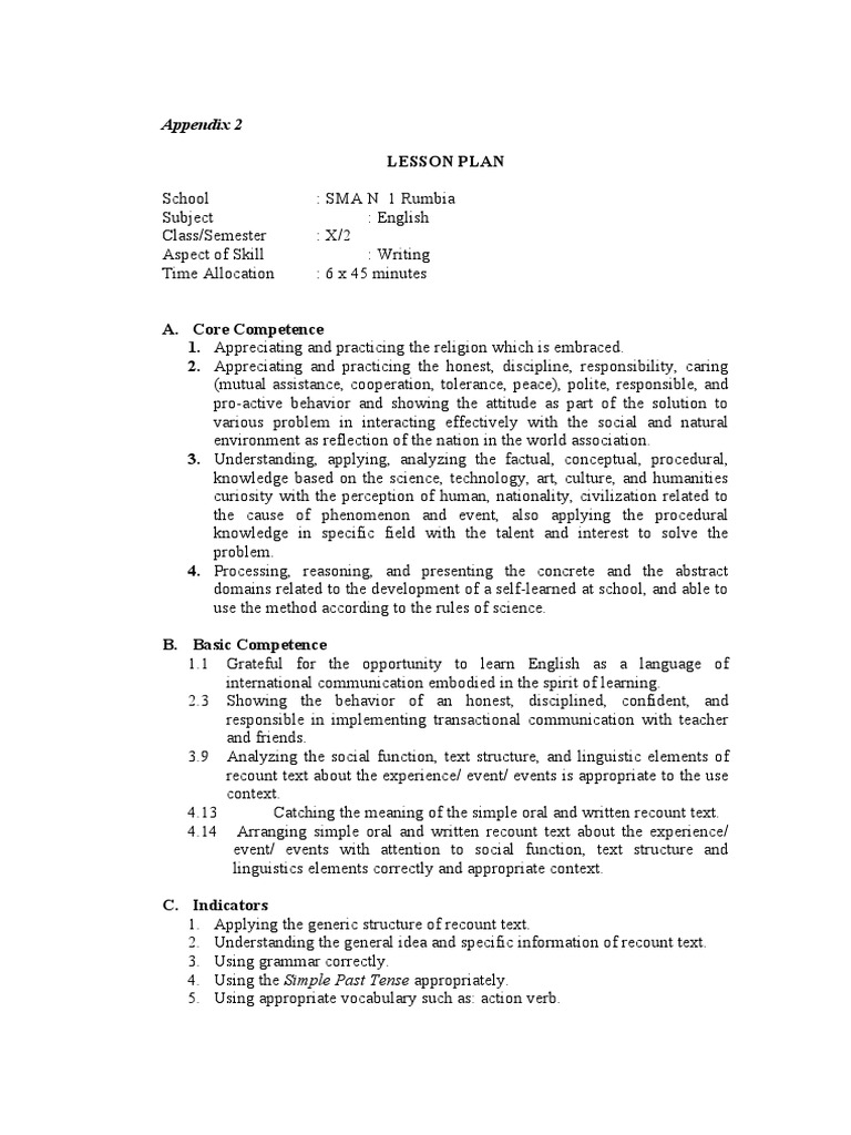 Appendix 2 Lesson Plan | PDF | Competence (Human Resources) | Teachers