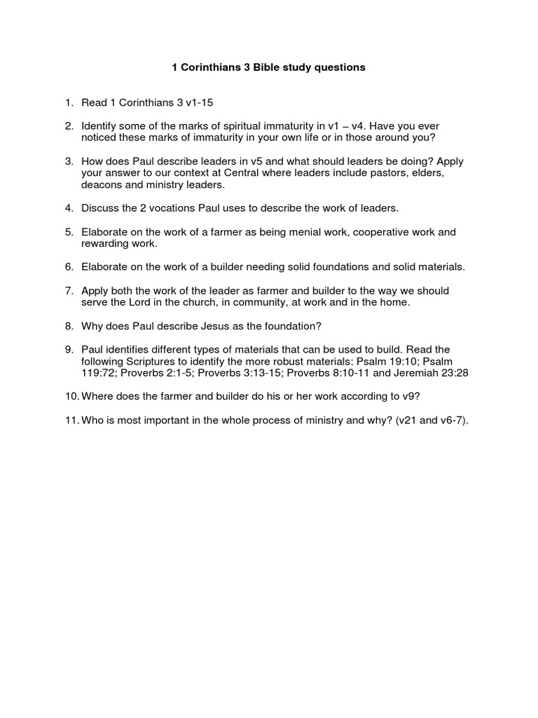 1 Corinthians 3 Bible Study Questions | PDF
