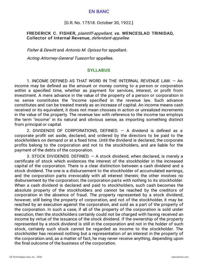 Definition of Income Tax Fisher - v. - Trinidad | PDF | Dividend | Taxes