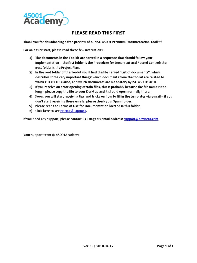 ISO 45001 Documentation Toolkit Guide | PDF