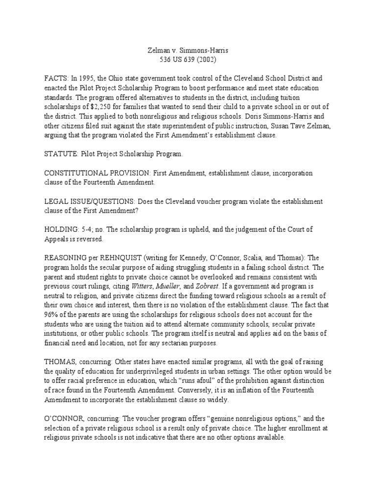 Johnson Zelman V Simmons-Harris Brief | PDF | Establishment Clause ...