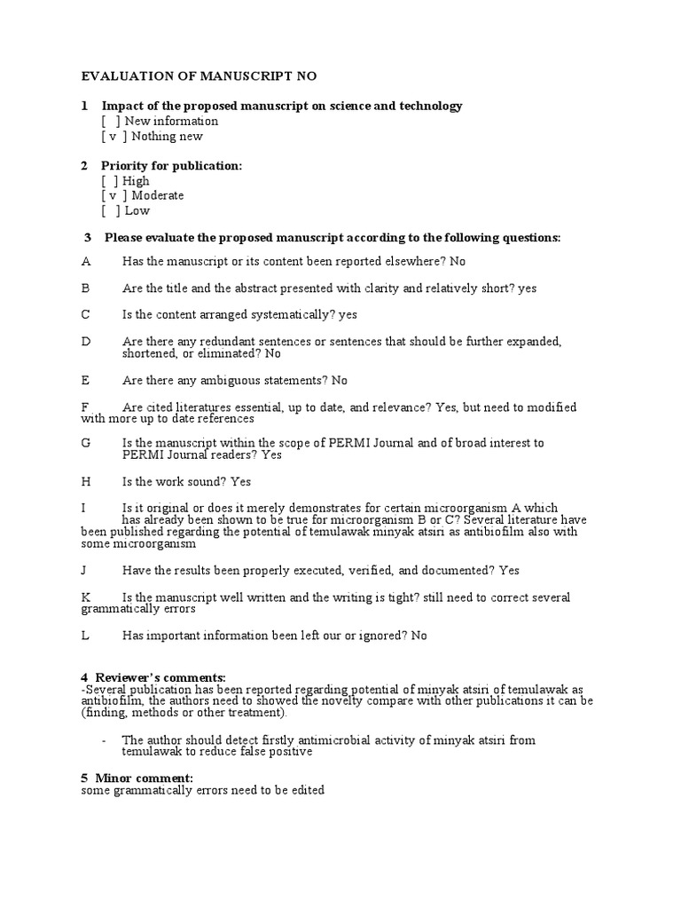 Evaluation of Manuscript No 1 Impact of The Proposed Manuscript On ...