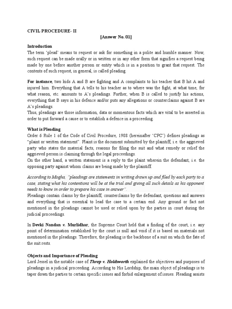Civil Procedure-Ii (Answer No. 01) | PDF | Pleading | Lawsuit