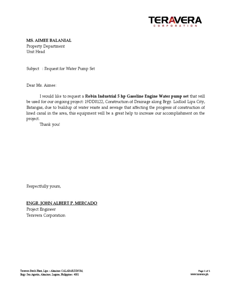 Request Letter For Purchase of Equipment | PDF