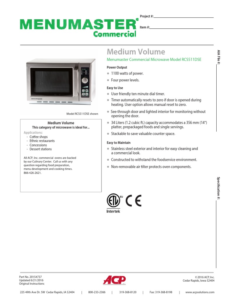 Medium Volume: Menumaster Commercial Microwave Model RCS511DSE | PDF ...