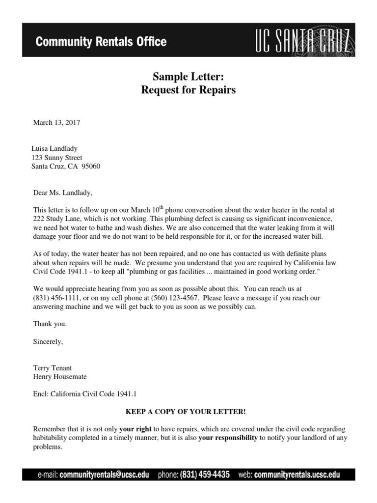 Sample Letter: Request For Repairs: Keep A Copy of Your Letter! | PDF | Law