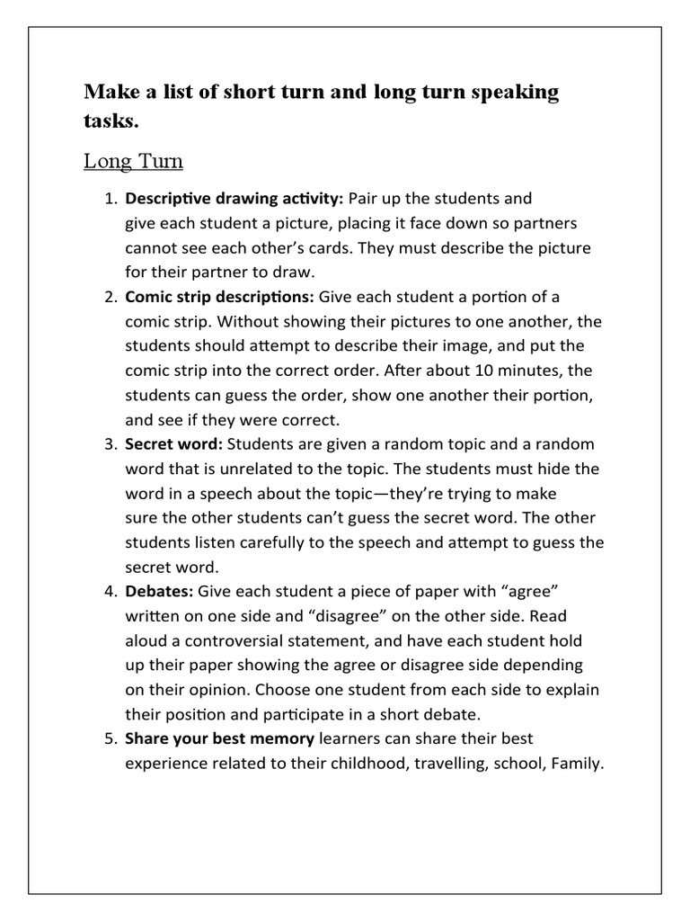 Long Turn: Make A List of Short Turn and Long Turn Speaking Tasks | PDF ...