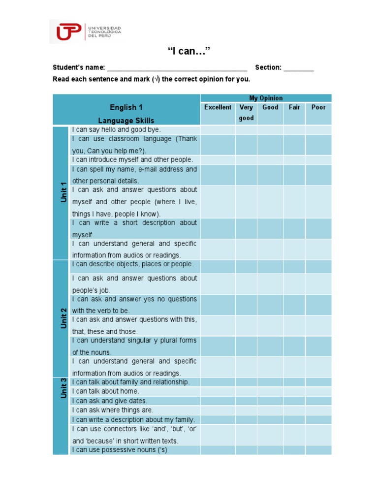 I Can... - English 1 | PDF | English Language | Grammatical Number
