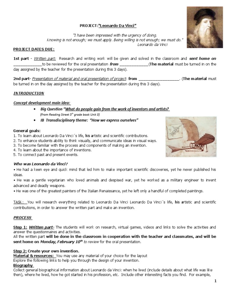 LEONARDO DA VINCI Project To Share | PDF | Leonardo Da Vinci | Invention