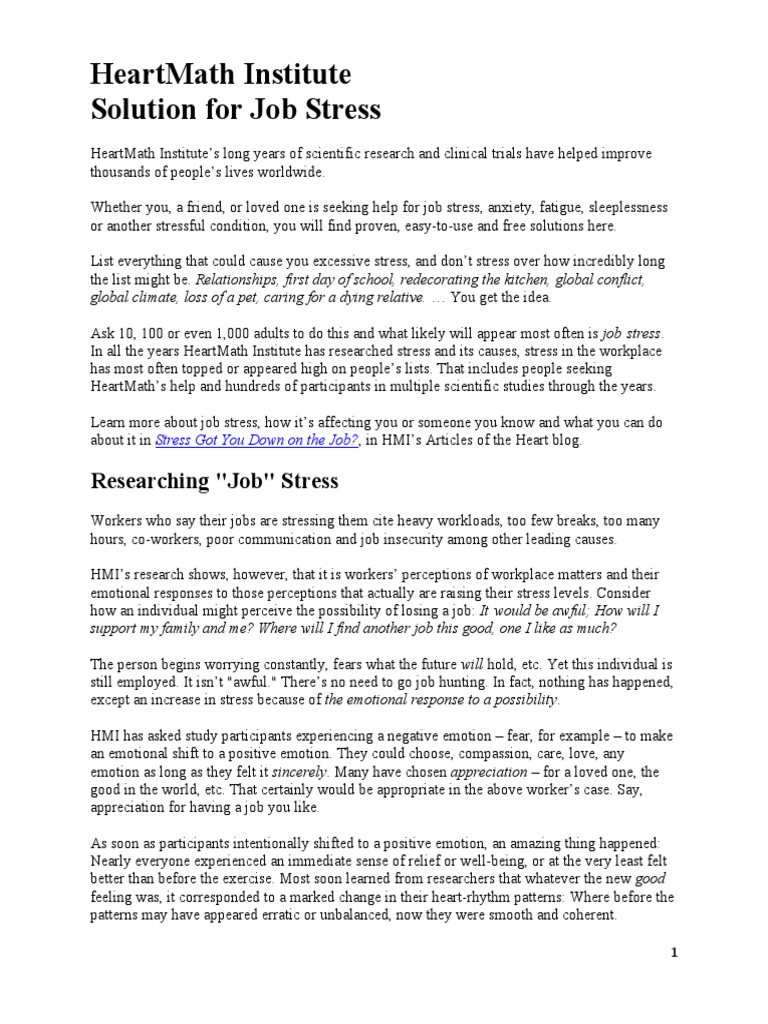 Heartmath Institute Solution For Job Stress | PDF | Psychological ...