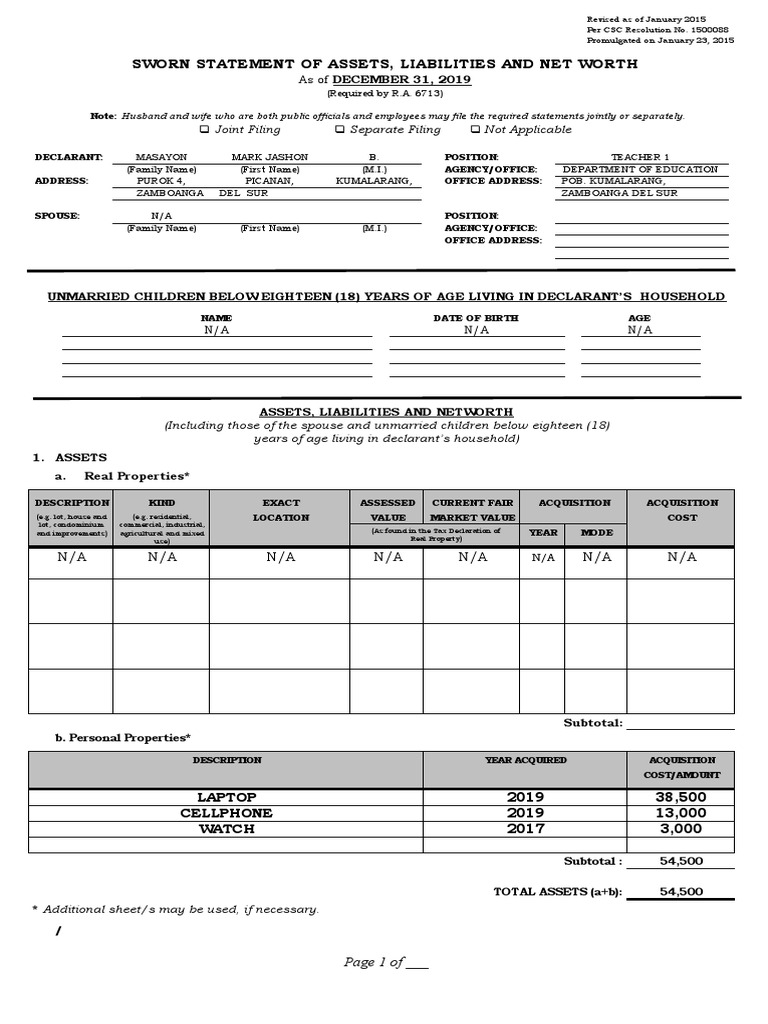 2015 SALN Form | PDF | Net Worth | Government
