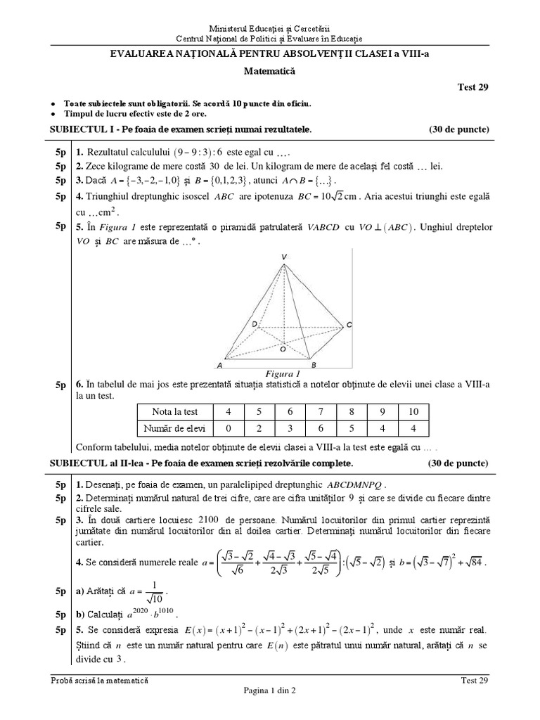 ENVIII Matematica 2020 Test 29 PDF | PDF