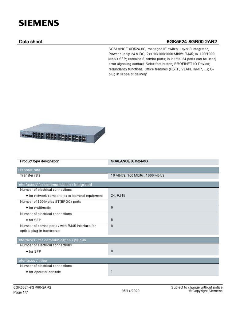 Data Sheet 6GK5524-8GR00-2AR2: Transfer Rate | PDF | Power Supply ...