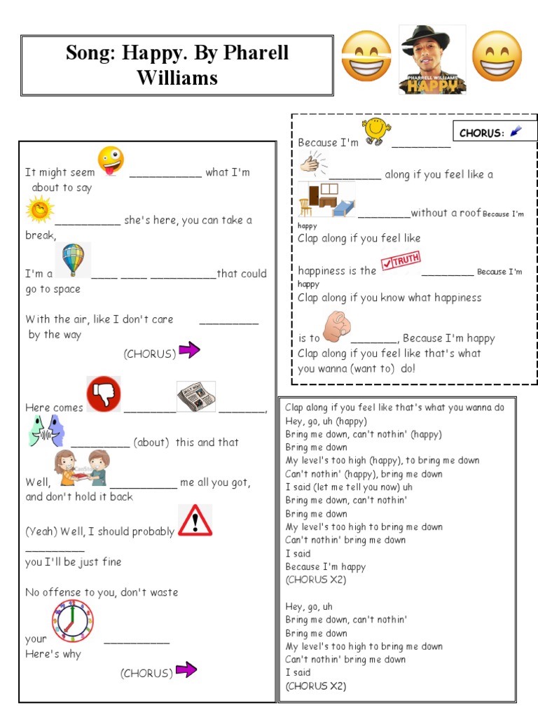 Song: Happy. by Pharell Williams Listening Activity: Chorus | PDF