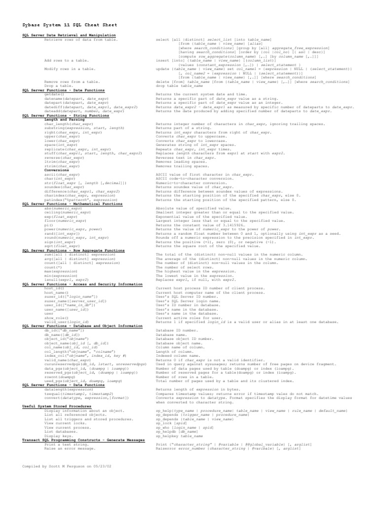 Sybase System 11 Sql Cheat Sheet Pdf Database Index Integer Computer Science 7213