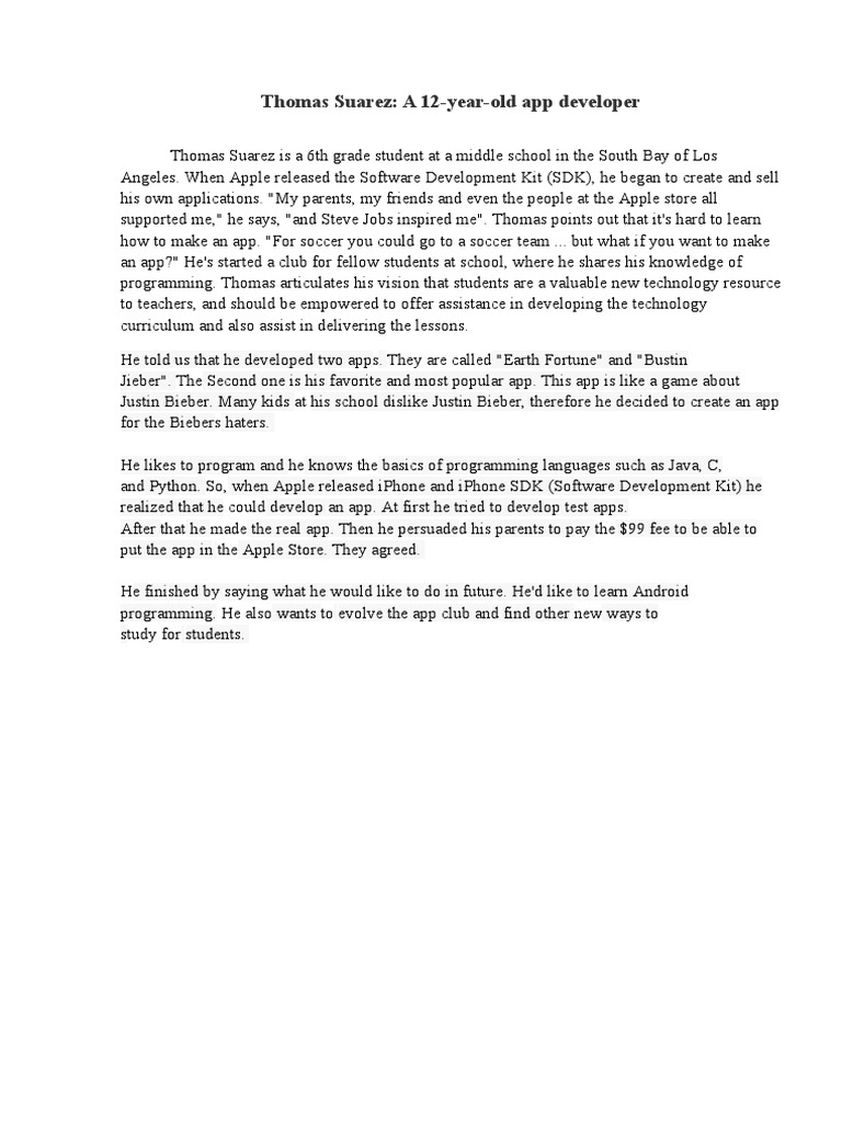 Thomas Suarez: A 12-Year-Old App Developer | PDF