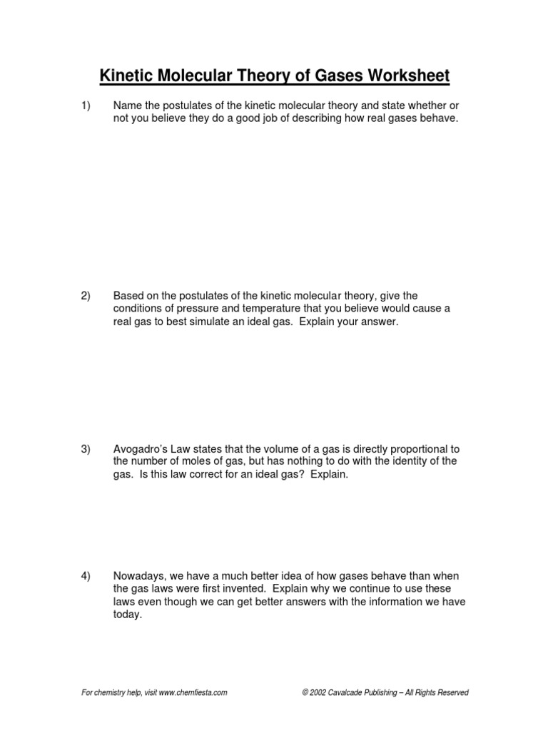 Kinetic Molecular Theory of Gases Worksheet: © 2002 Cavalcade ...