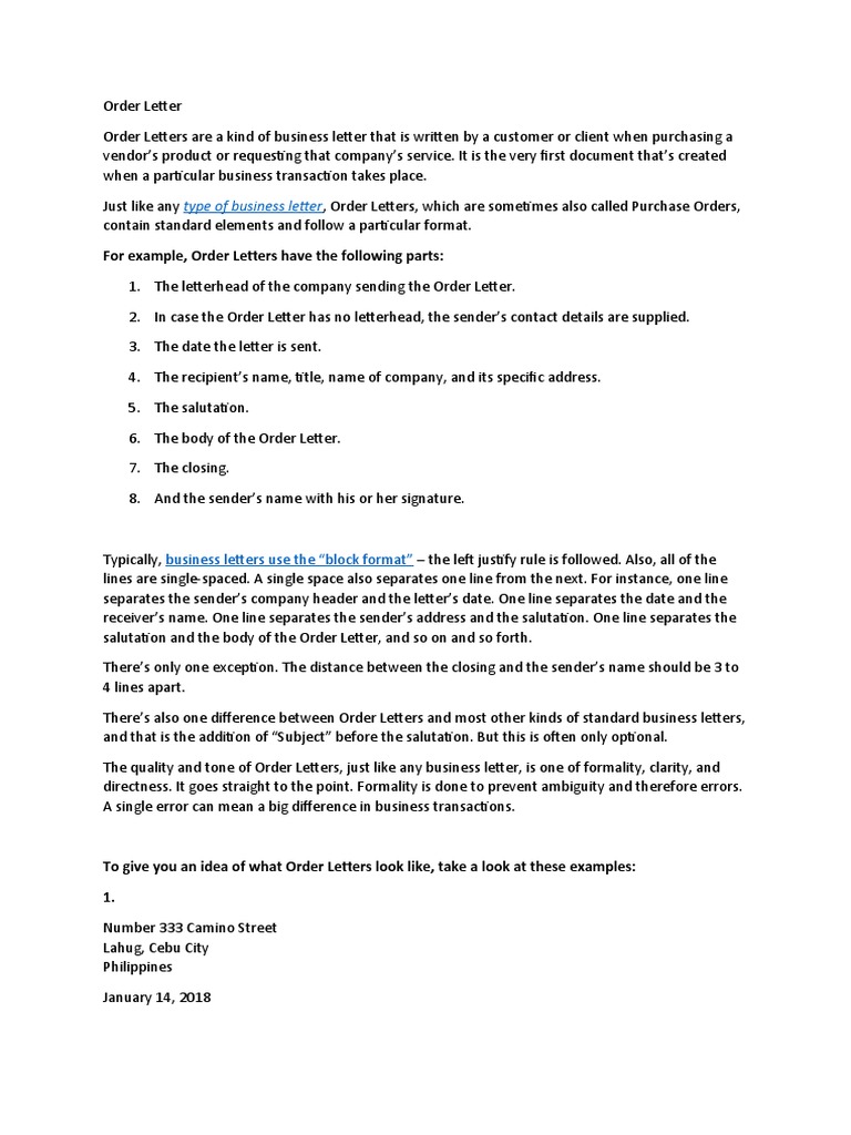 Type of Business Letter: For Example, Order Letters Have The Following ...