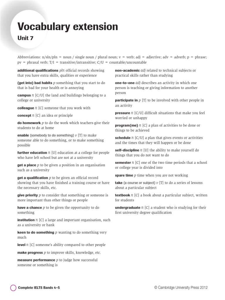 Vocabulary Extension: Unit 7 | Download Free PDF | Noun | Verb