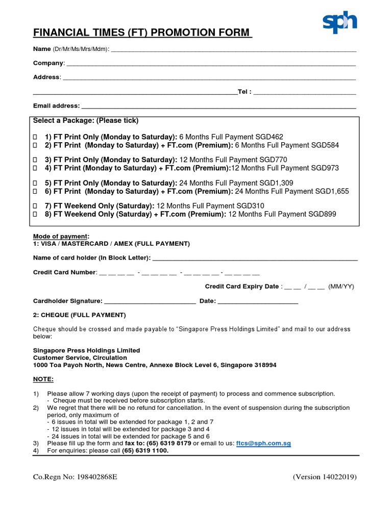 FT Subscription Packages Form | PDF | Financial Times | Payments